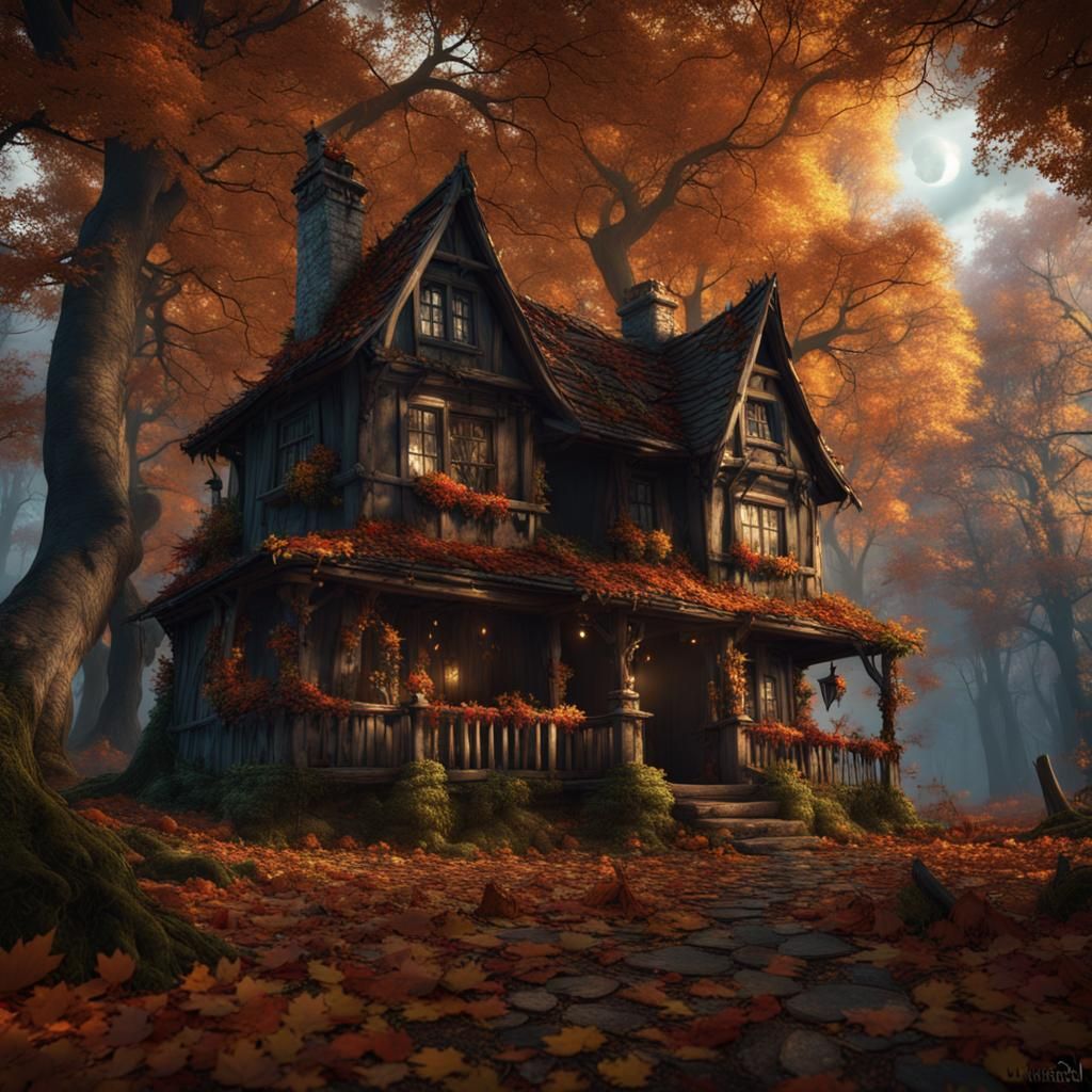 Witch cottage in the woods. Autumn leaves falling down. Spooky. - AI ...