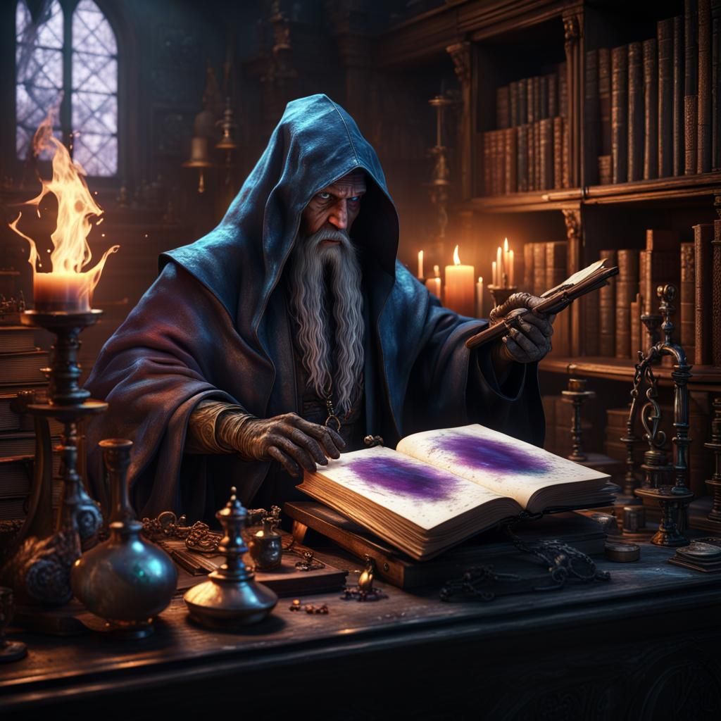 Dark sorcerer in an alchemist's lab reading a massive grimoire while ...