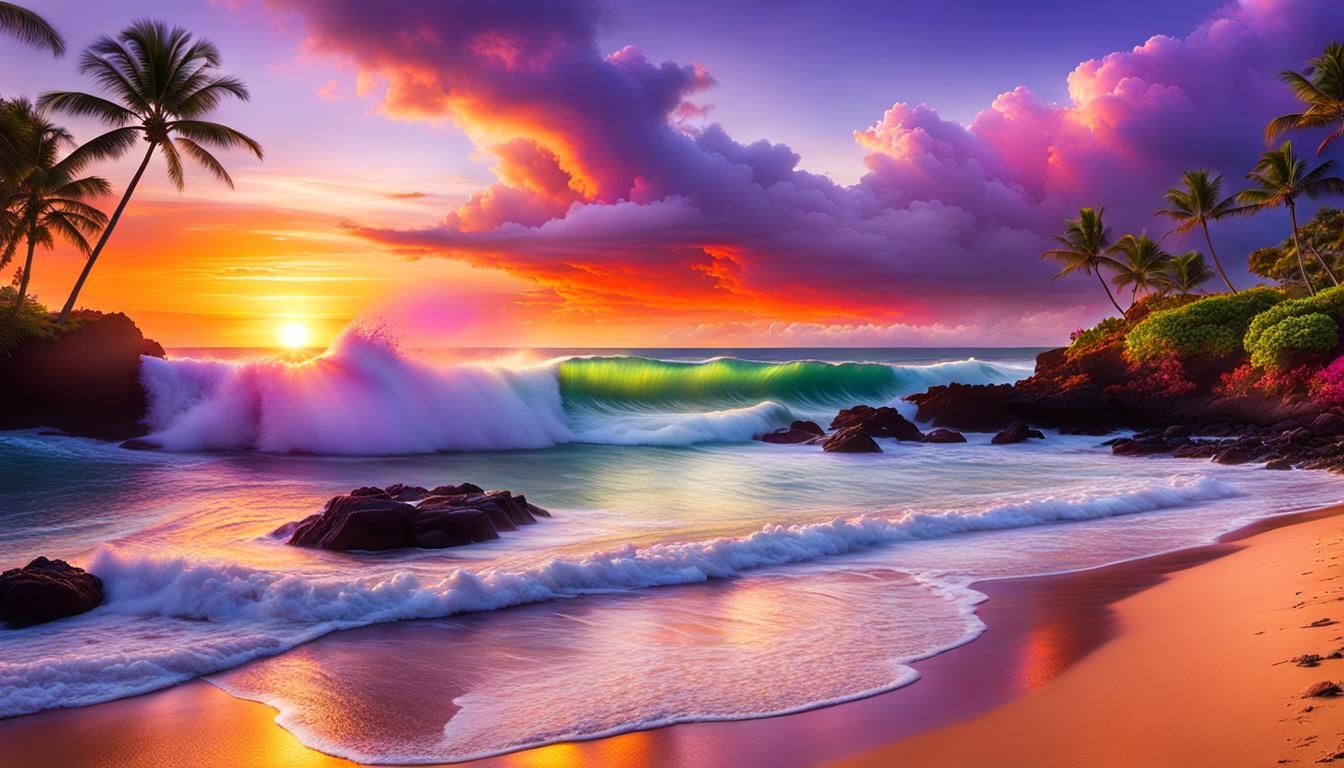 ultrarealistic, vivid: vibrant: kaleidoscopic Hawaiian beach scene ...