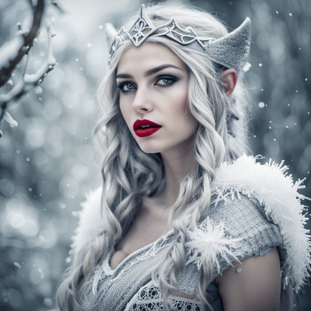 Monochrome portrait of a beautiful woman elf that has red lips with ...