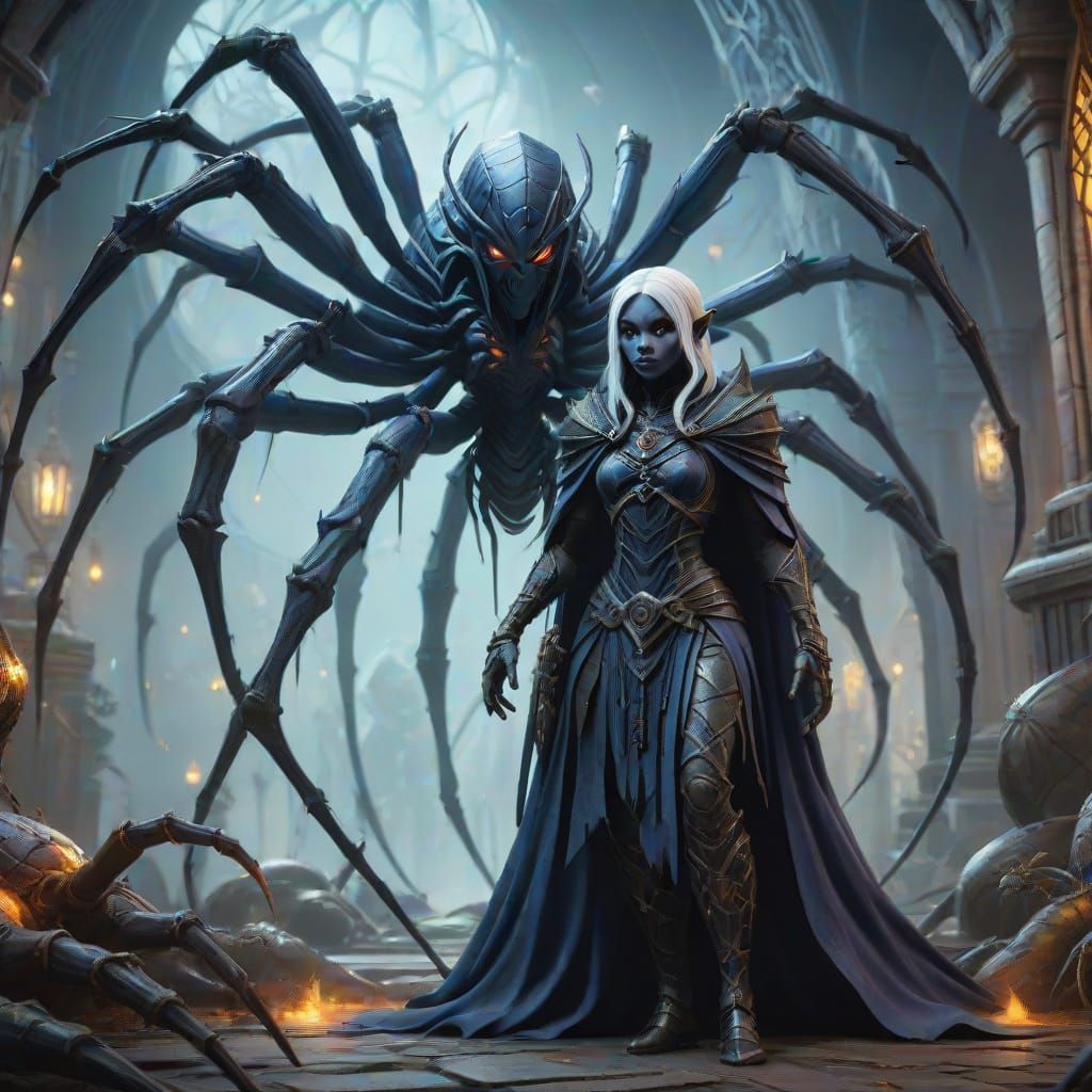 A female Drow Priestess in front of a giant spider statue