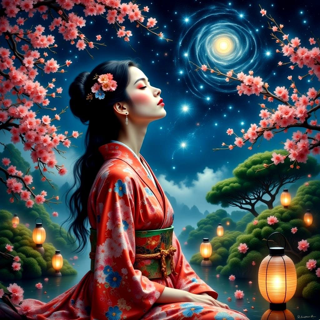 Ethereal Japanese Garden Portrait under a Starry N... - AI Art