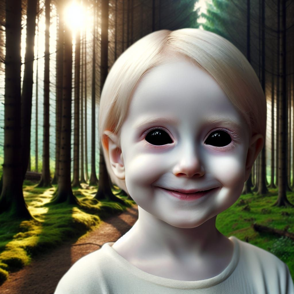A child with alabaster skin standing in a forest, a slight beautific ...