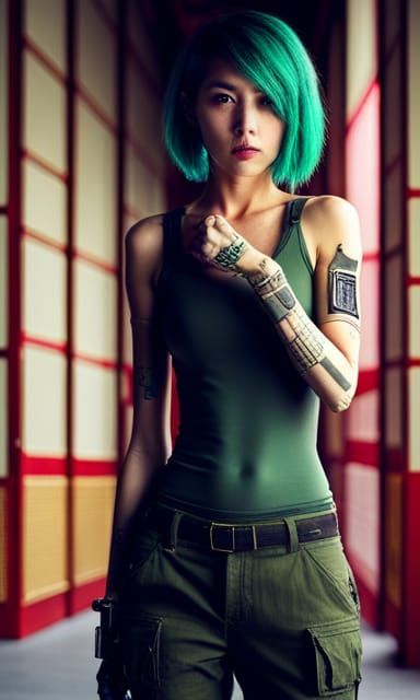 Japanese techie girl, short hair, cyberpunk style, circuit design face ...