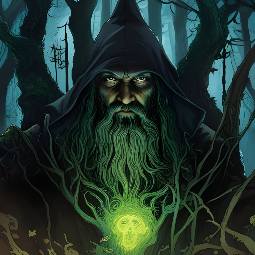 “portrait of forest wizard with staff overgrown with moss!!! long beard ...