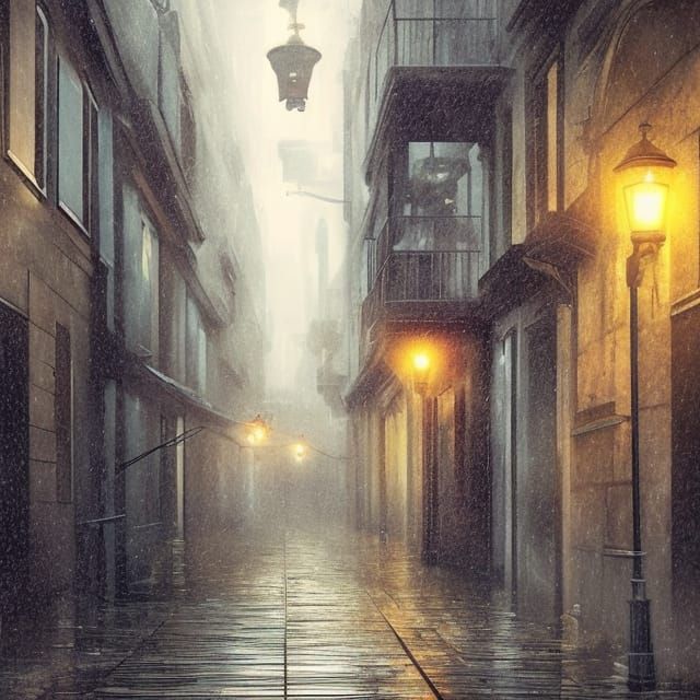 Back alley on a rainy day with street lights - AI Generated Artwork ...