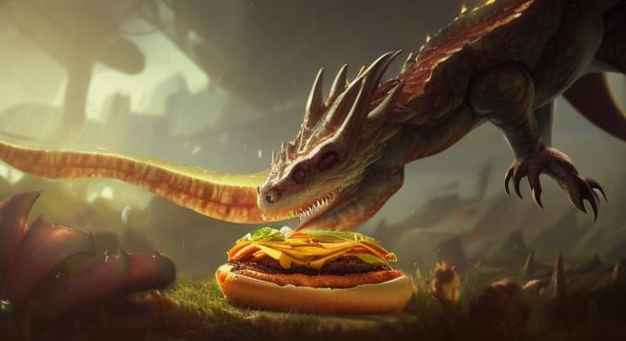 Mystical Dragon eating a hamburger, - AI Generated Artwork - NightCafe ...