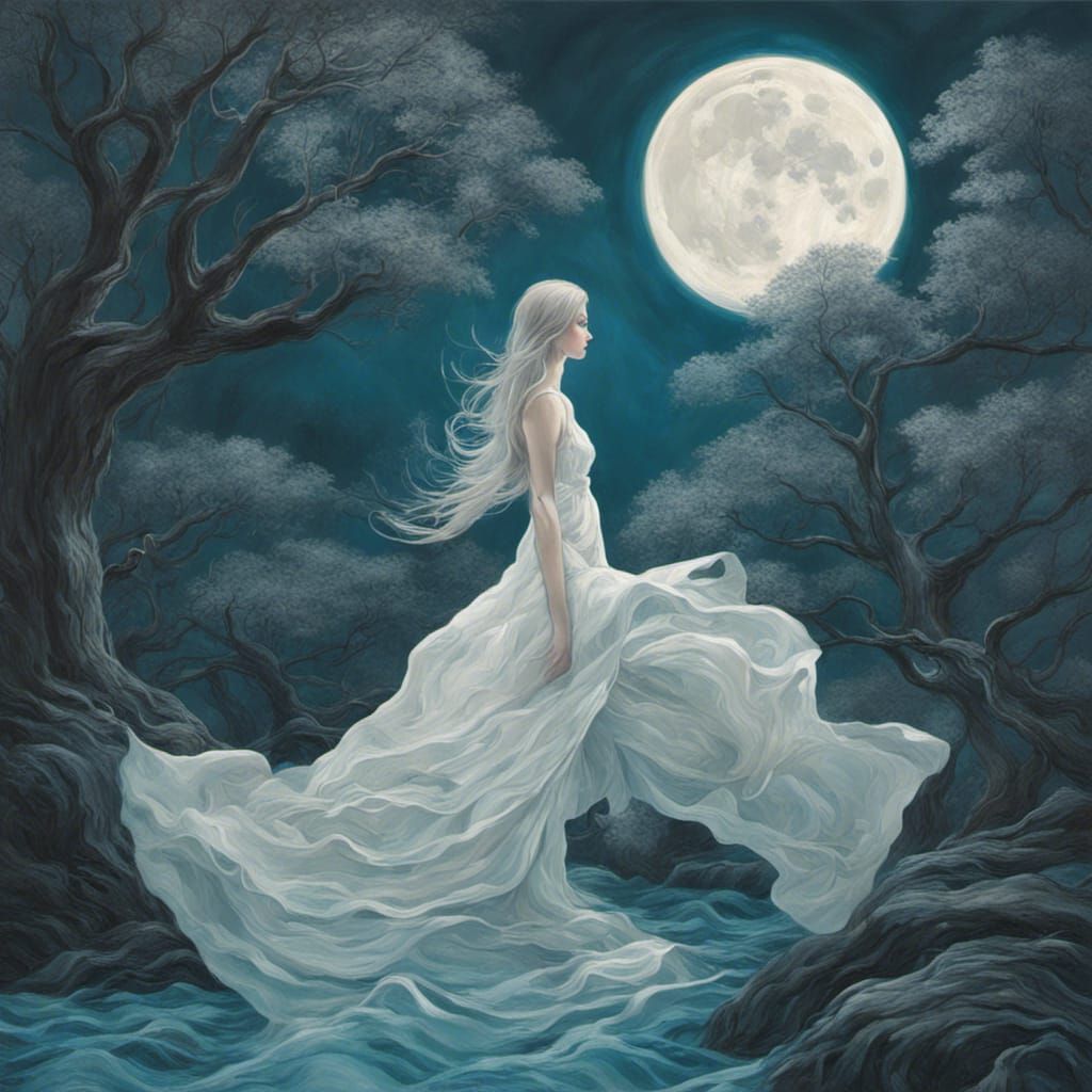 her full moon, lady in white dress and trees, in the style of highly ...