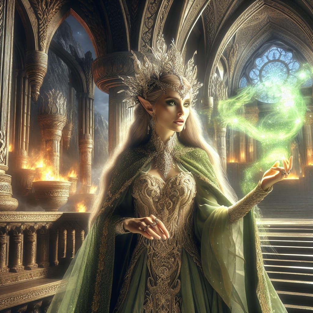 beautiful elven priestess casting green healer magic at her holy elven ...