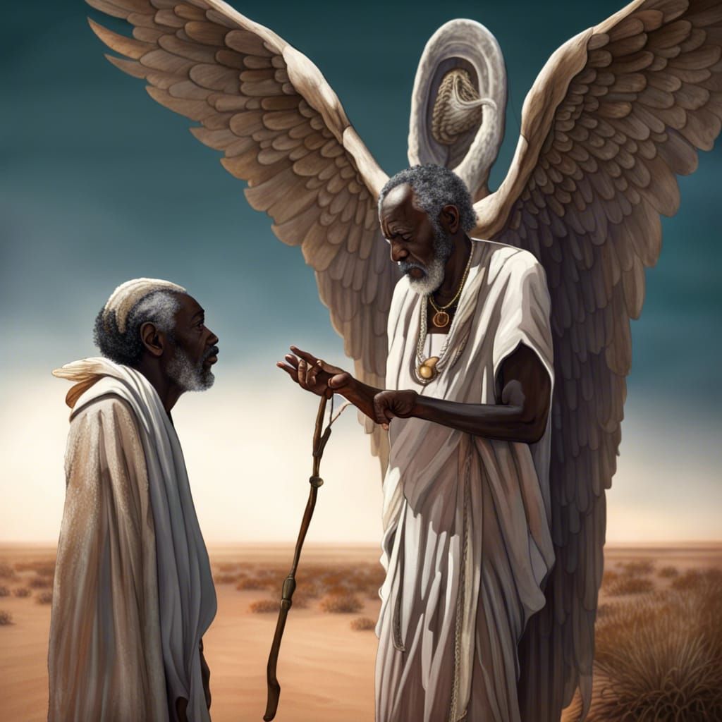 one large white male angel with large wings on his back pleading and ...