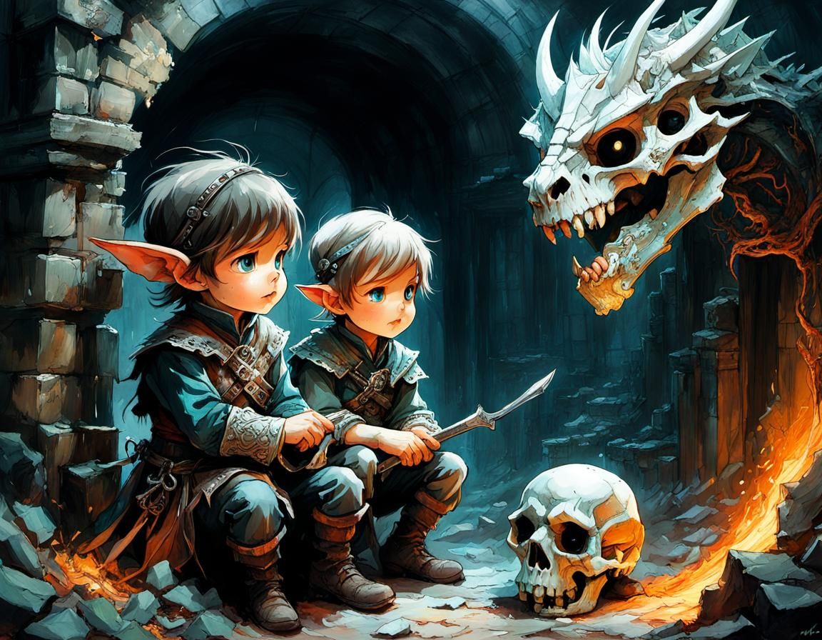 chibi siblings elves discovering dragon skeleton in scarry dungeon of ...