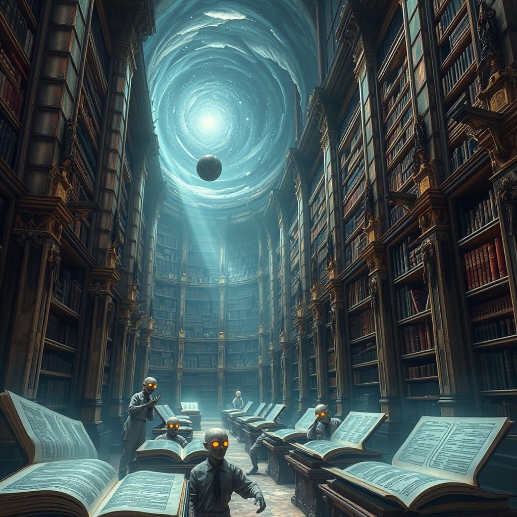 An infinite library where books float in zero grav... - AI Art