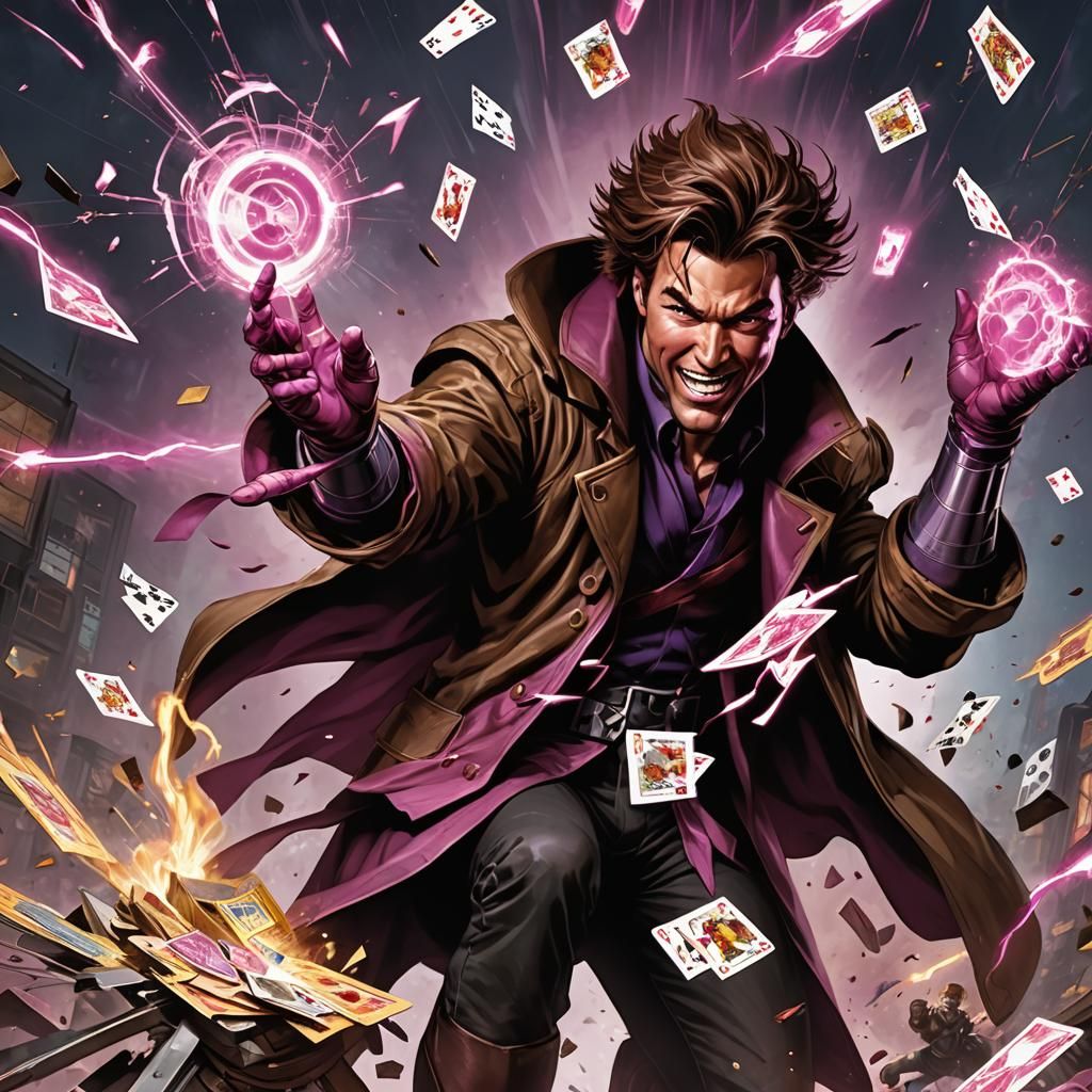 Marvels X-men Gambit charging a hand of cards with his kinetic energy ...