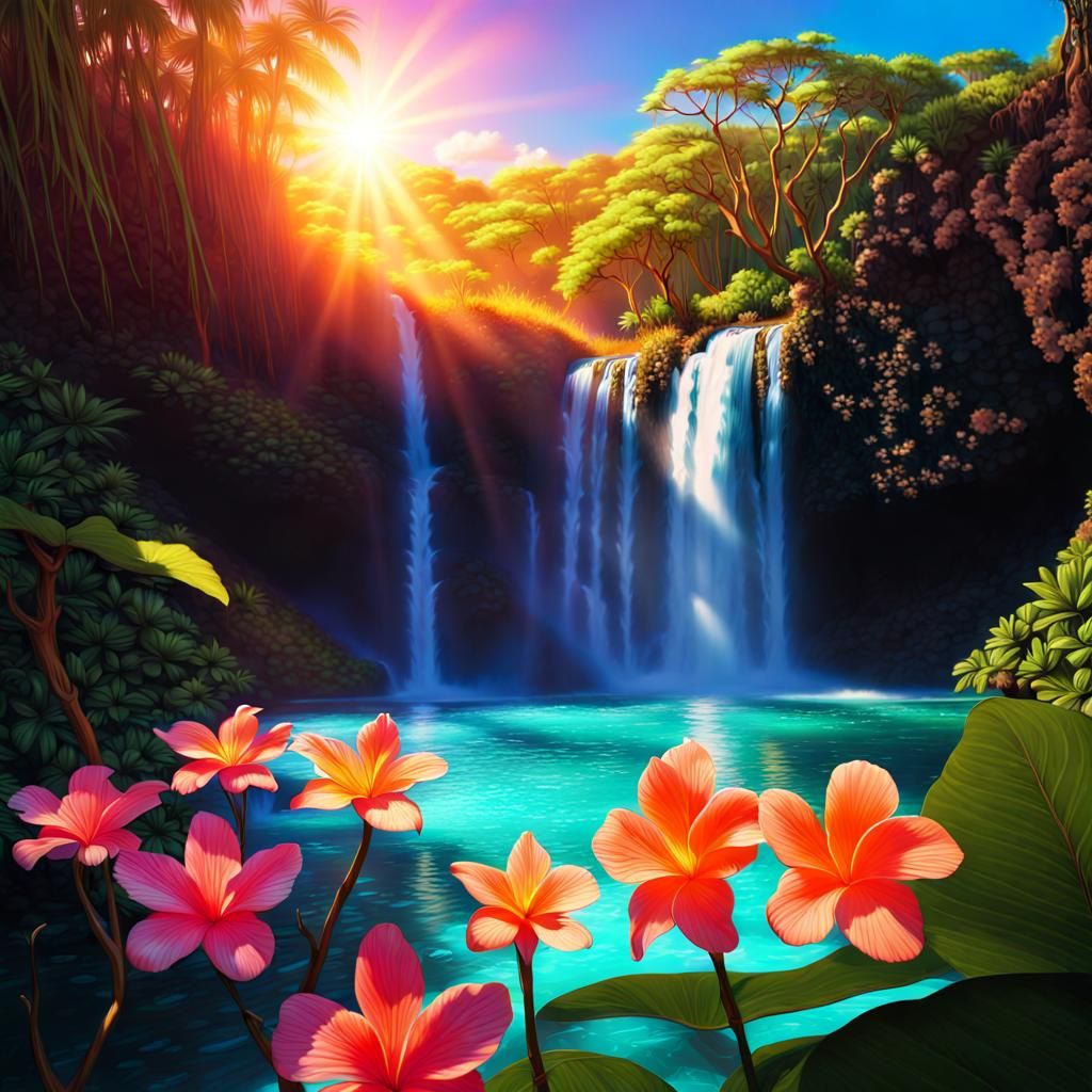 Glowing lagoon with a tall waterfall in Maui Hawaii, tropical flowers ...
