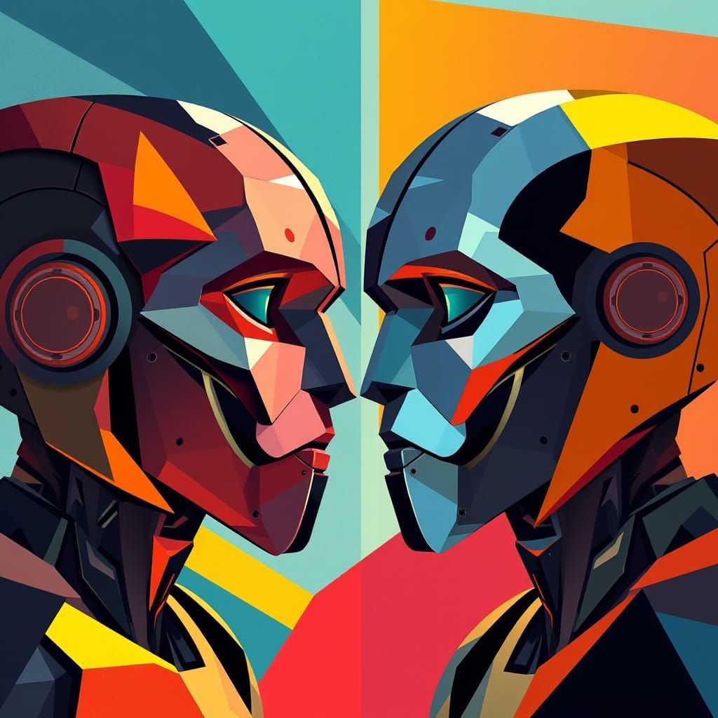 Robot combo - Distorted Robot Duo in Vibrant Cubist Style