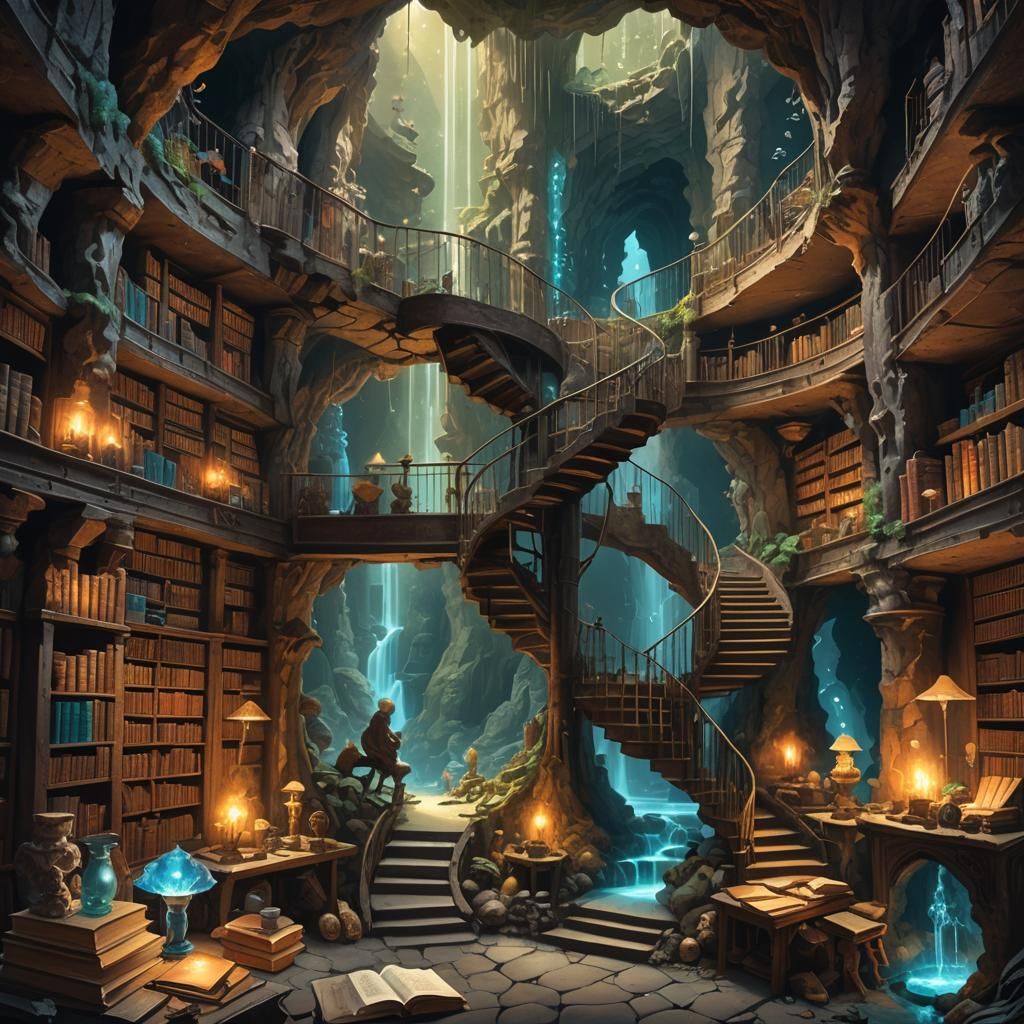 ancient library full of books and scrolls and jars of specimens with a ...