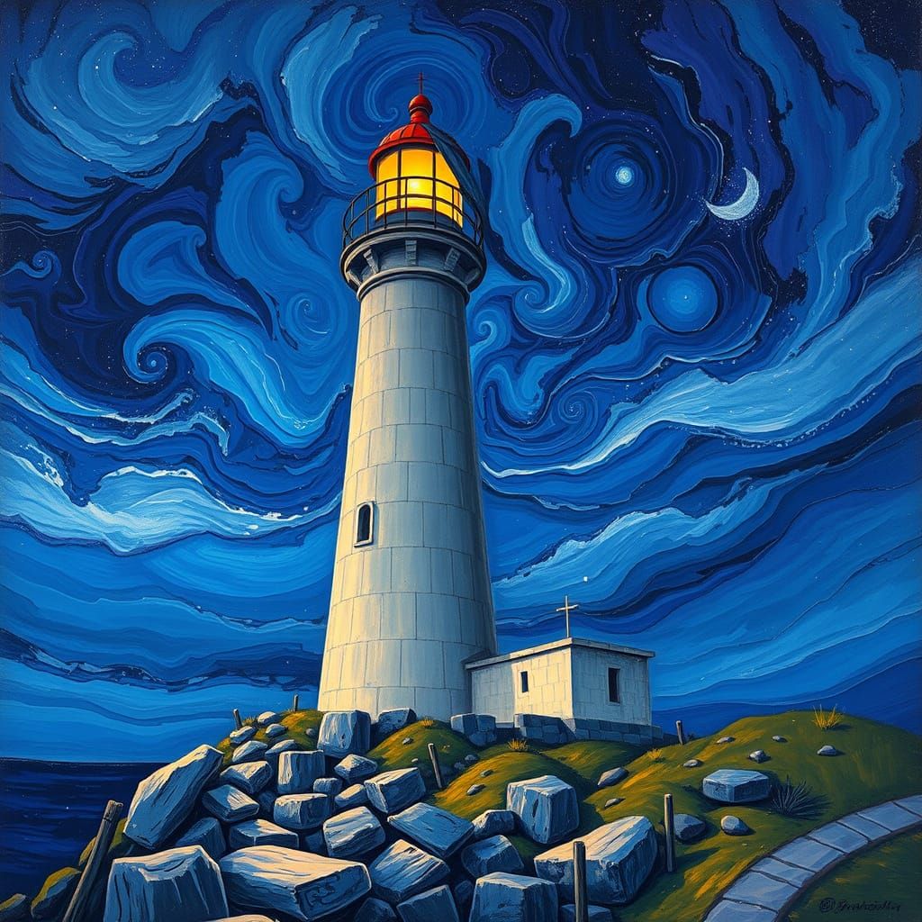 Majestic Lighthouse Under Starry Night Sky - AI Art