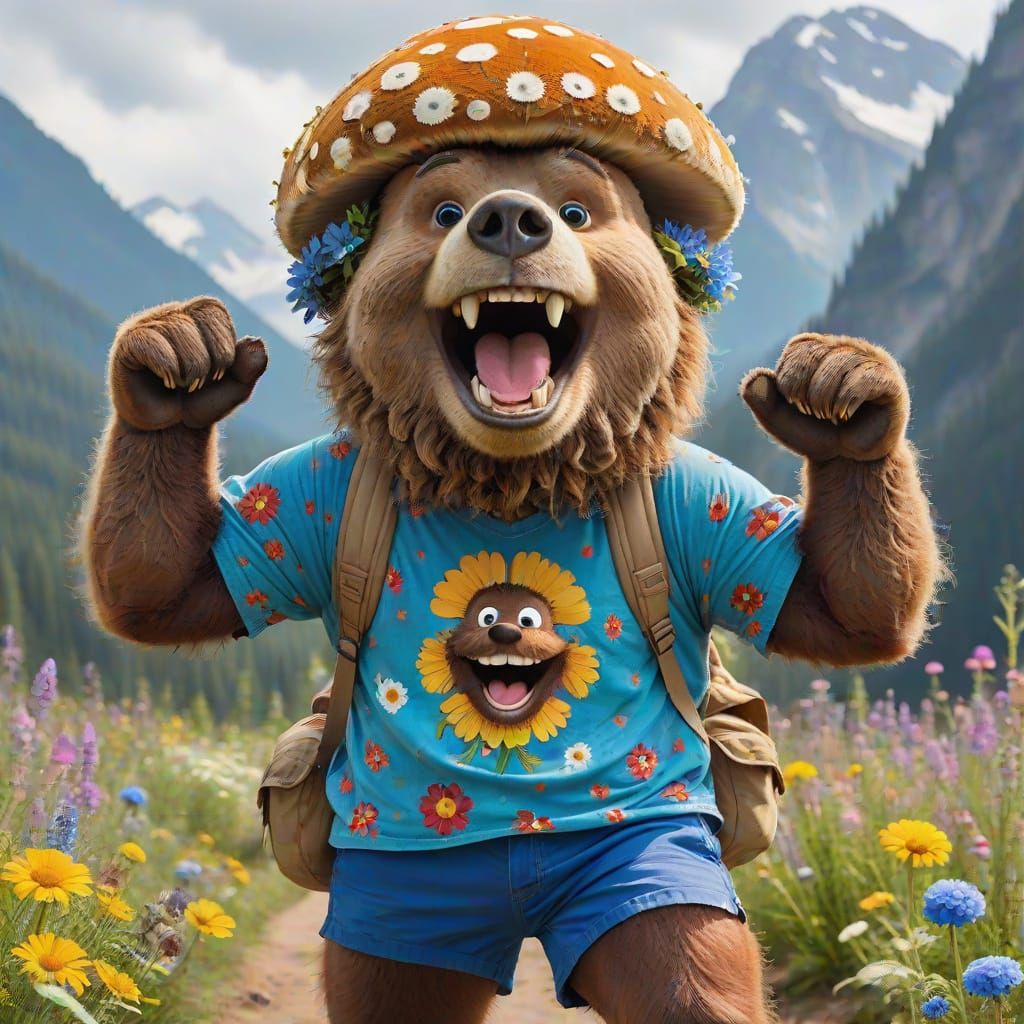 Crazy Mushroom Hippie Bear - Surreal Hippie on Brown Bear in...