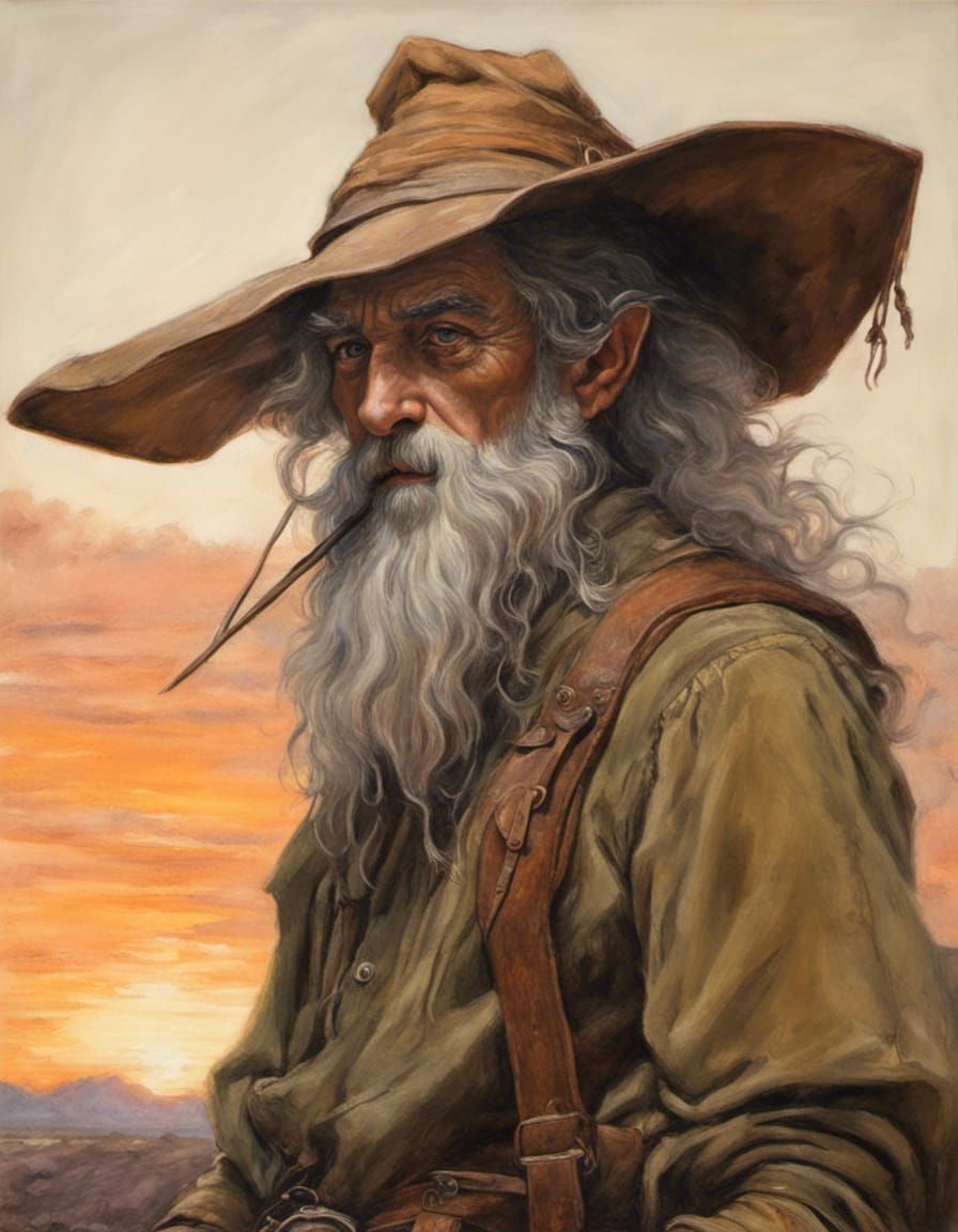 bearded elf with pointy ears and long nose wearing earthy colored ...