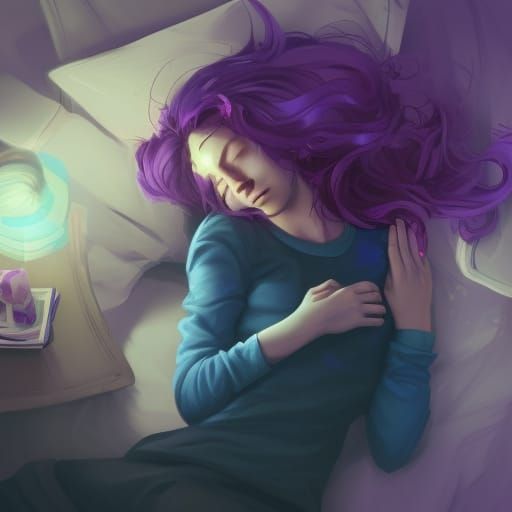 Teen with wavy purple hair sleeping. y2k bedroom. Hyperdetailed ...