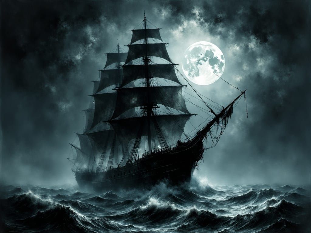 A vast, pitch-black sea stretches to the horizon, its waves rippling ...