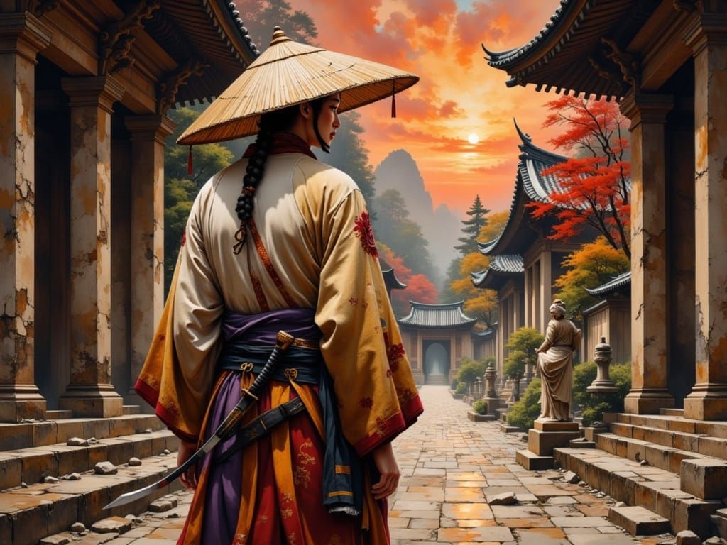 A Japanese swordsman stands poised in contemplative silence amidst the ...