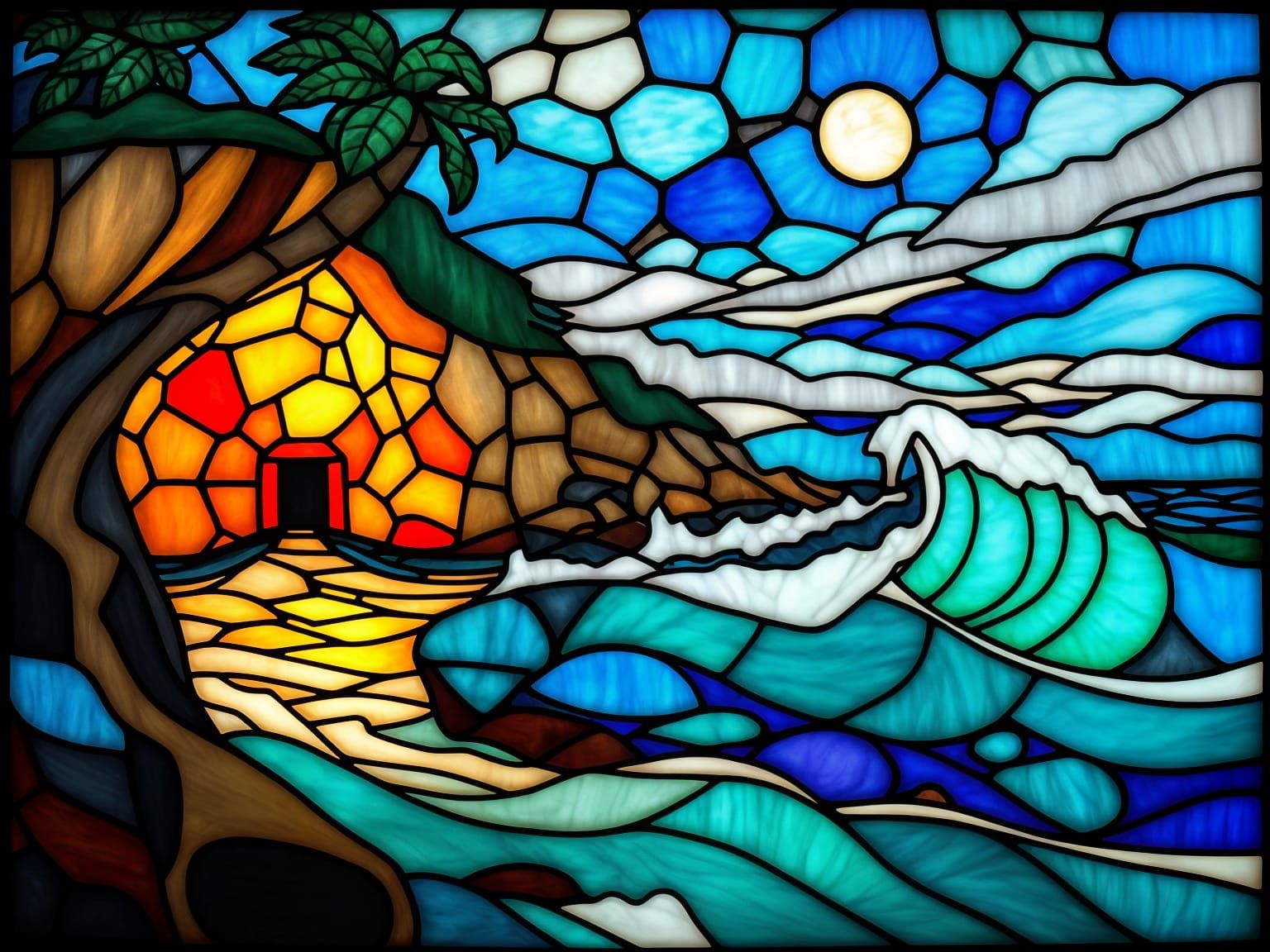 Art Nouveau stained glass ocean scene