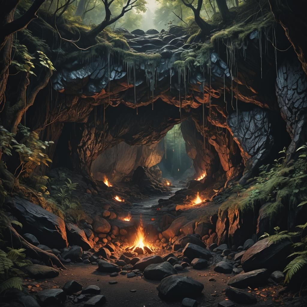 An image of a dark and mysterious cave in the middle of a dense forest ...