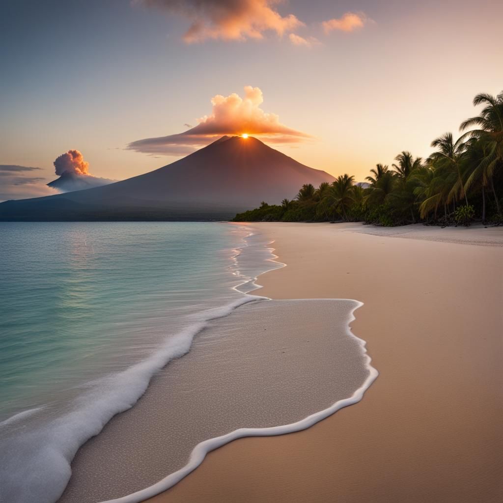 Beautiful sunset on the beach with white sand, in the distance the ...