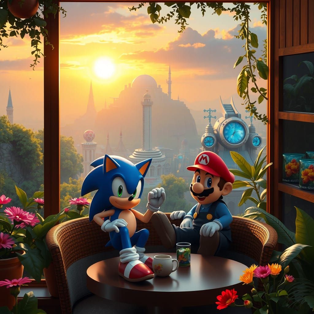 Sonic and Mario in Whimsical Cafe Scene, Immersive... - AI Art