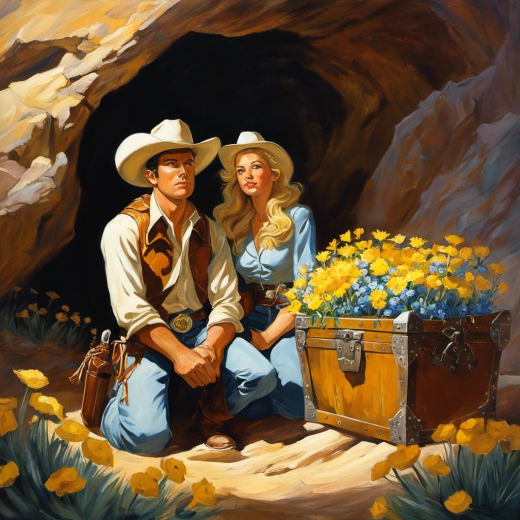 Cowboy and cowgirl finding the treasure chest in the desert cave from ...