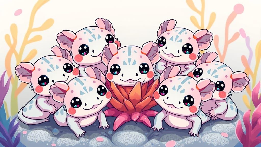 Whimsical Chibi Axolotls Gather Around Colorful Aq... - AI Art
