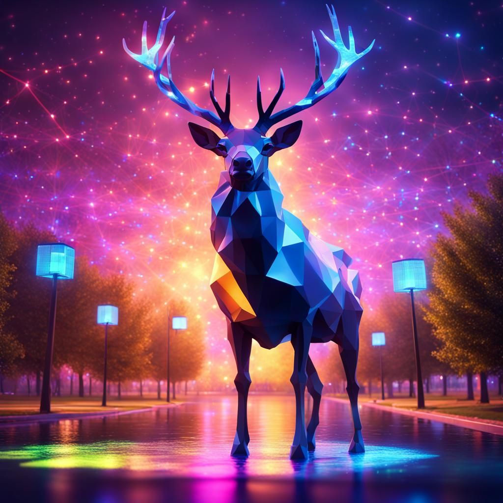 Epic hologram of epic low poly stag created from sparkling floating ...