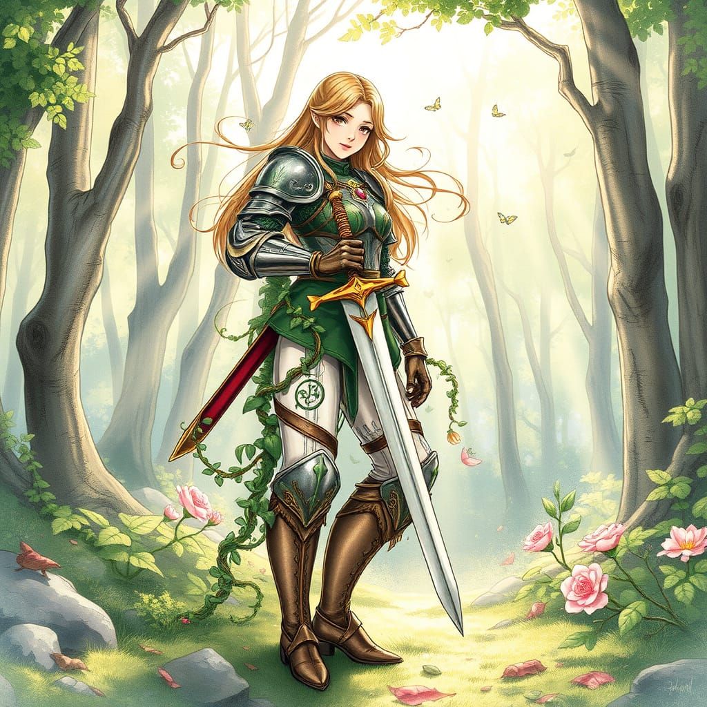Ethereal Female Knight in Vine Armor, Japanese Man... - AI Art