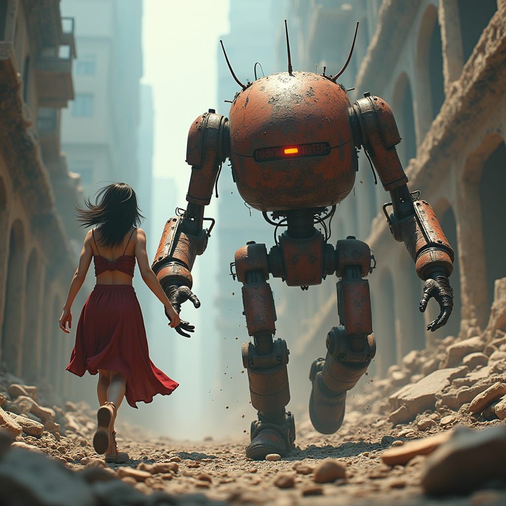 Post Apocalyptic Woman Flees Rusting Robot in Futu... - AI Art