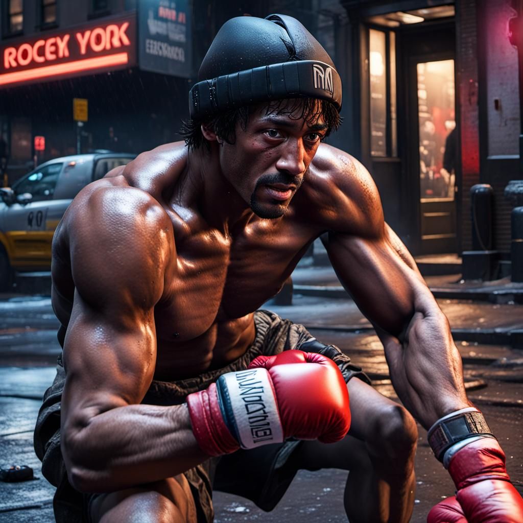 rocky balboa boxing homeless in street new York city lit up under night ...