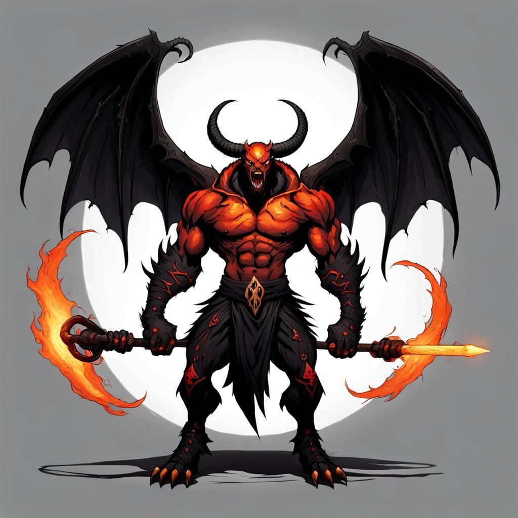 A full body shot of a feral balor balrog demon with bat wings and a ...