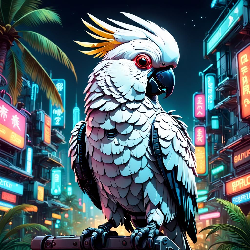a cyber-robot cockatoo in a tropical cyberpunk city - AI Generated Artwork - NightCafe Creator