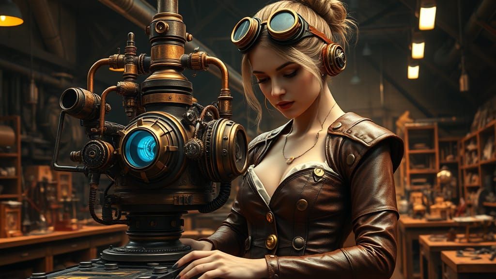 A stunning cinematic portrait of a beautiful female steampunk inventor ...