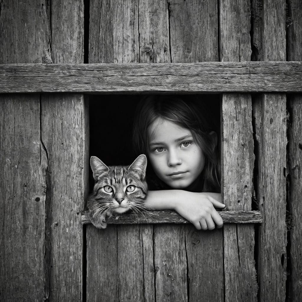 Curious Child and Cat Peer Through Weathered Woode... - AI Art
