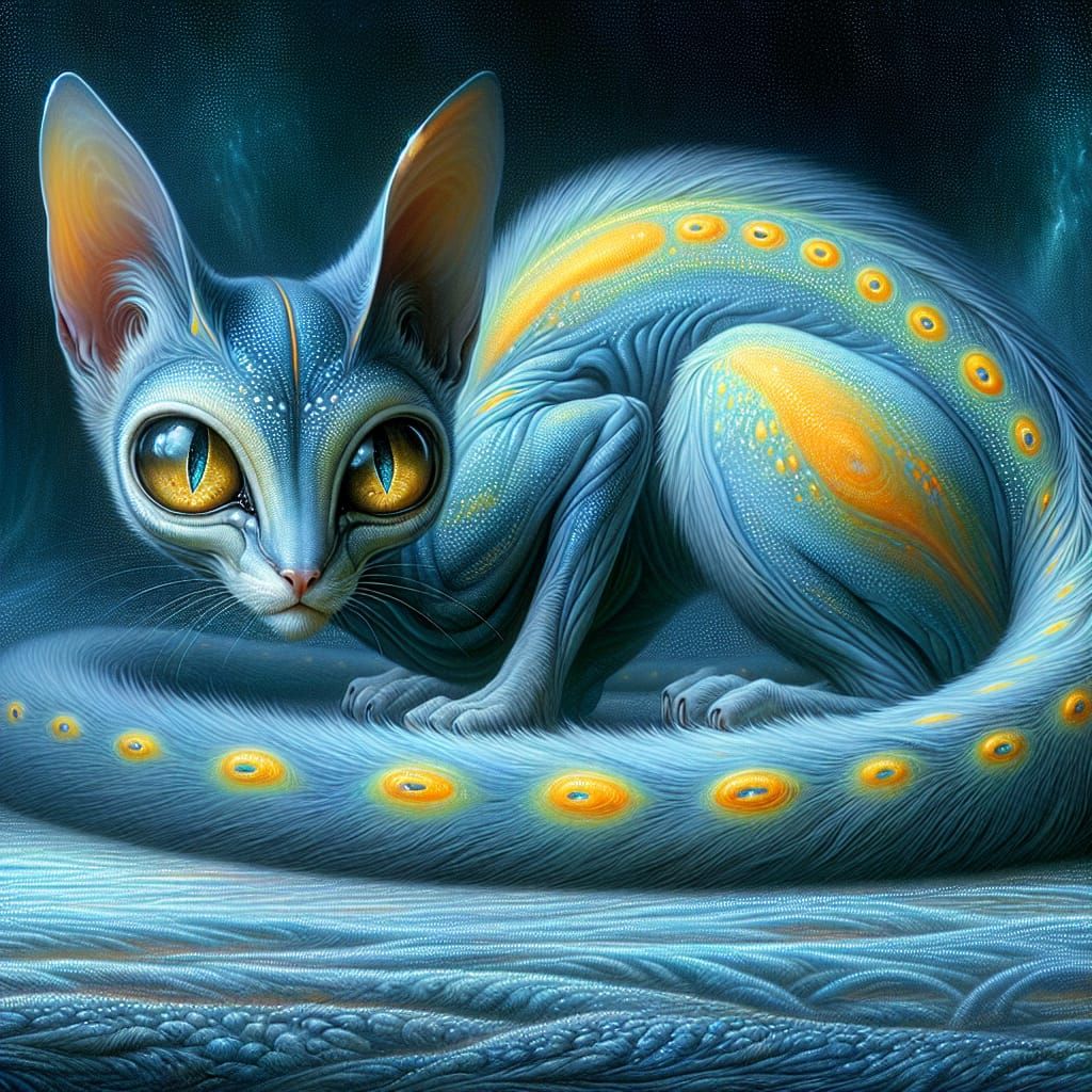 a graceful alien cat with enormous amber eyes and cyan fur with yellow ...
