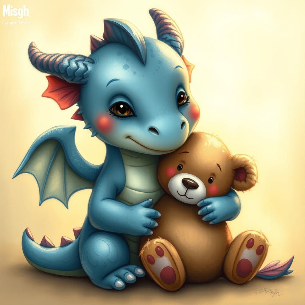 Whimsical Blue Dragon Cuddles with Teddy Bear in G... - AI Art