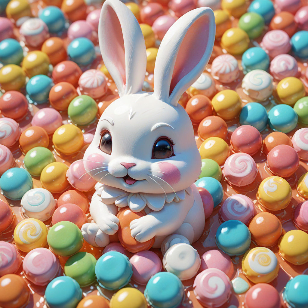 Whimsical White Rabbit Amidst Rainbow Taffy in Pas... - AI Art