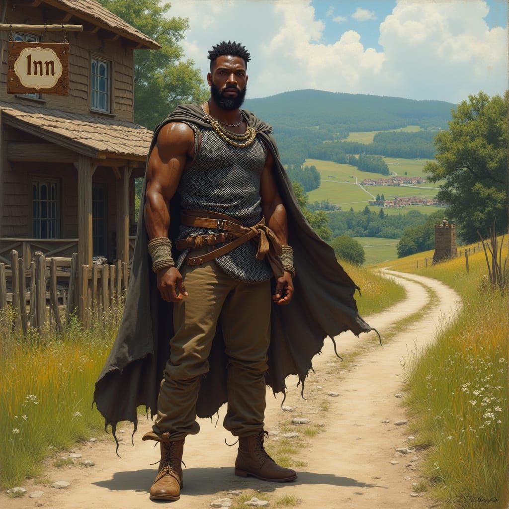 Confident Adventurer Stands Outside Rustic Inn in ... - AI Art