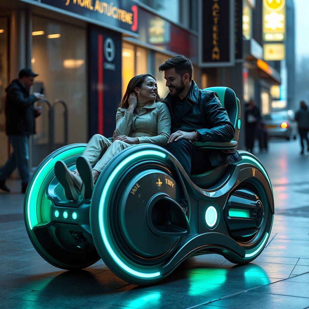 Couple in Futuristic Electric Wheelchair with Biom... - AI Art