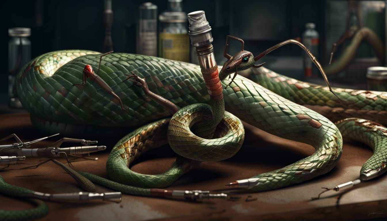 Snake, insect legs, big medical syringes for teeth, 16k resolution ...
