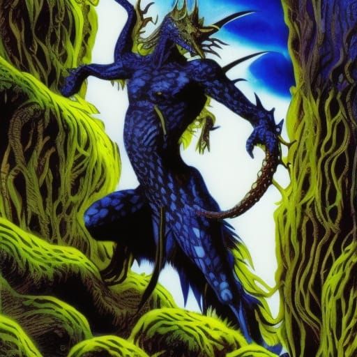 eagle talon toes, scaly dragon-man, emaciated, severe scoliosis, blue ...