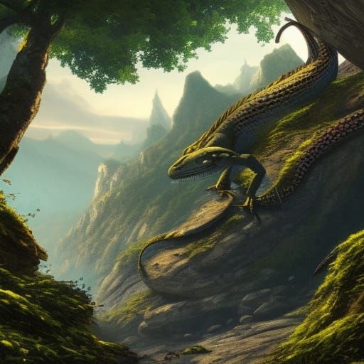 Lizard in beautiful landscape ; trees and rocks ; head and shoulders ...