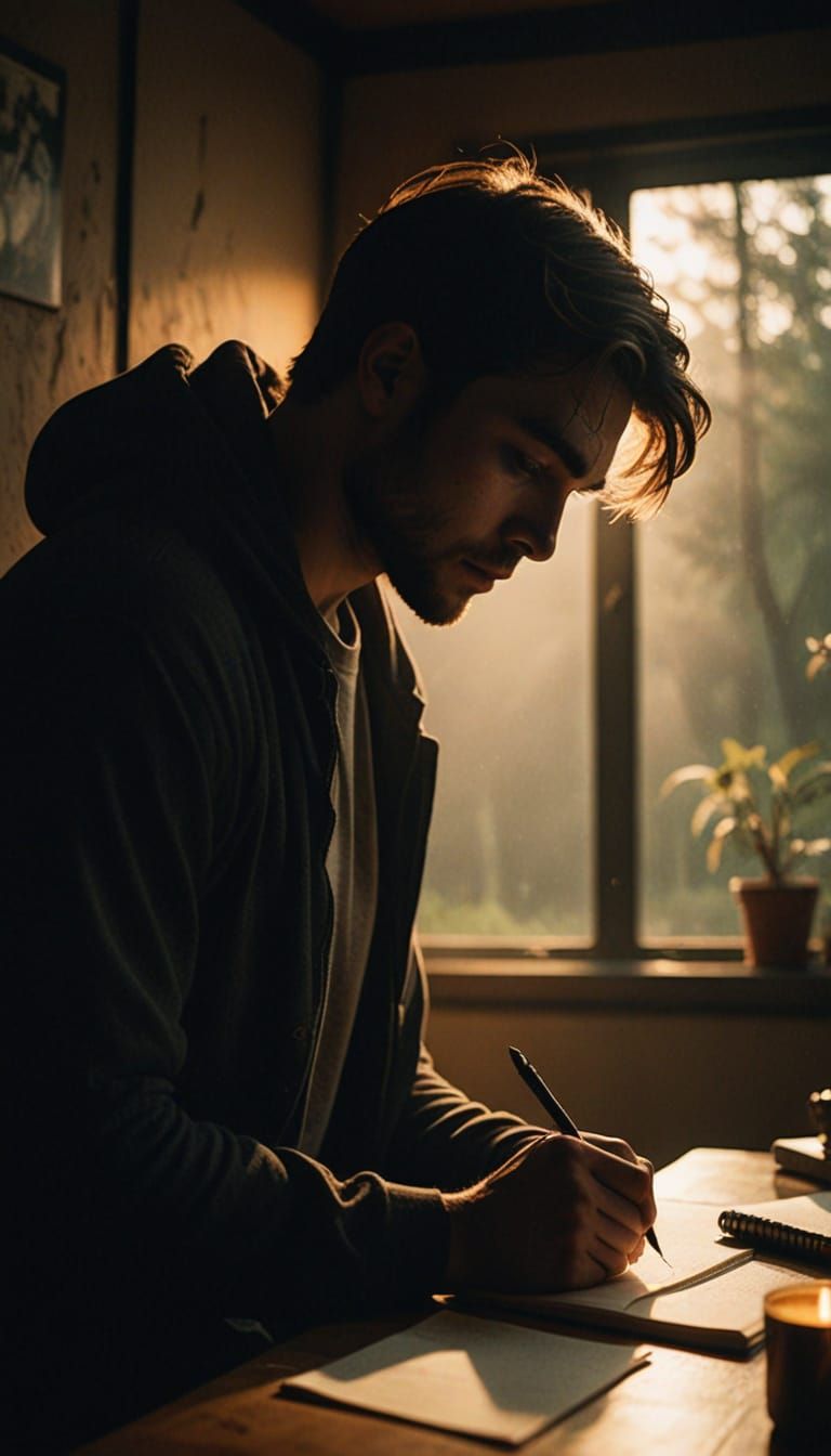 Young Man Contemplates Life in Golden Hour - AI Art
