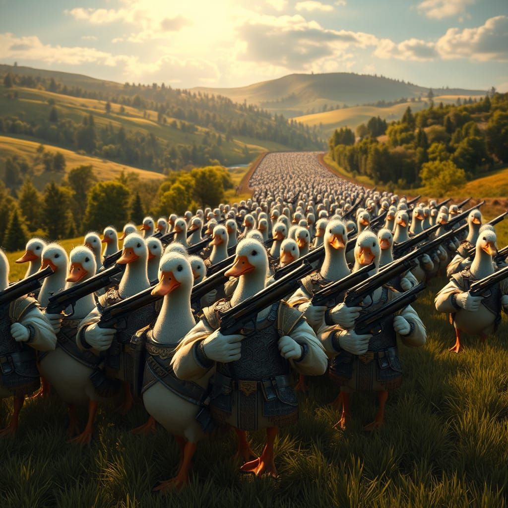 Ducks in Armor March Towards Rural Utopia in Cyber... - AI Art